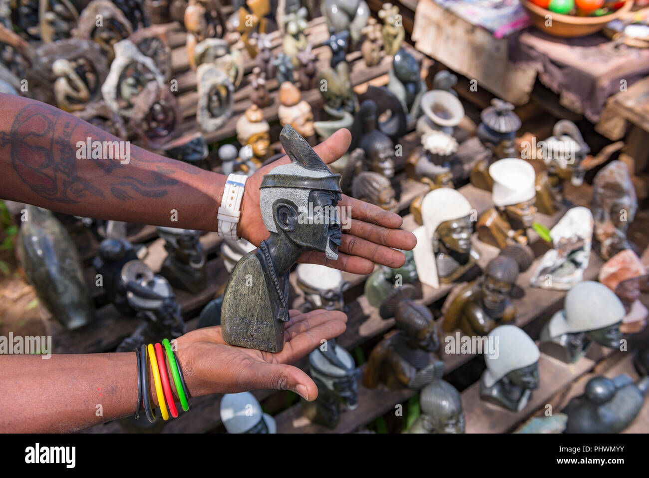 Stone sculptures seen at an arts and crafts market in Zimbabwe Stock ...