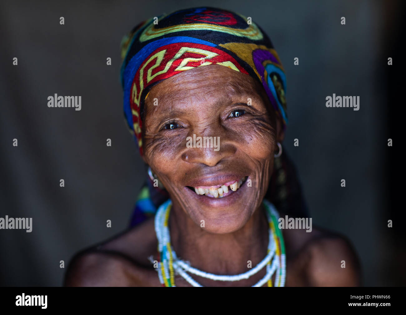 San tribe woman smiling portrait, Huila Province, Chibia, Angola Stock ...