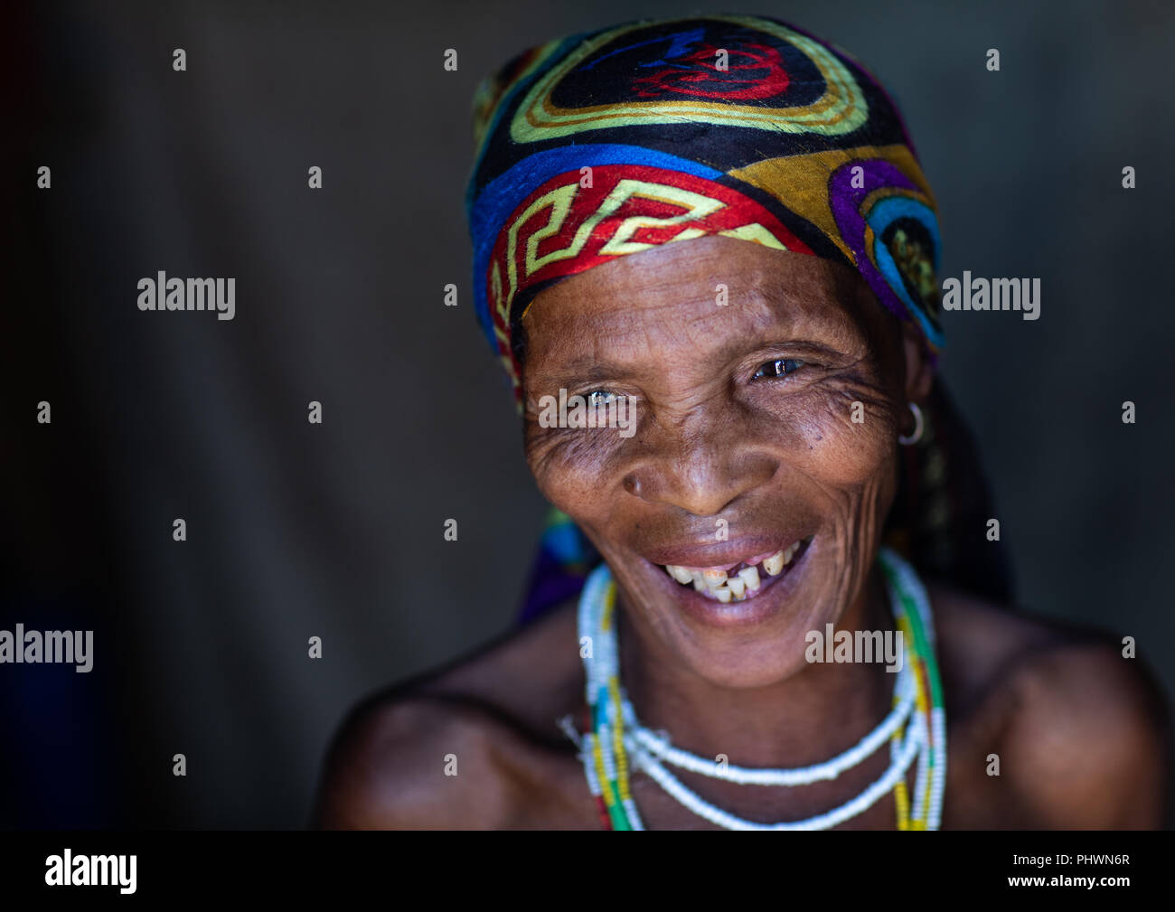 San tribe woman smiling portrait, Huila Province, Chibia, Angola Stock ...