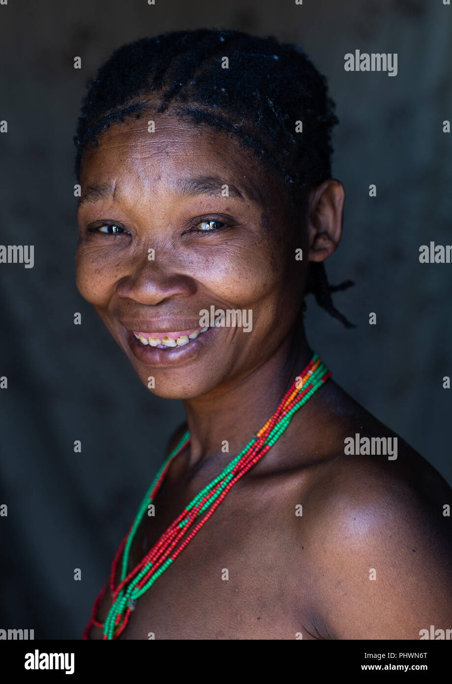 San tribe woman smiling portrait, Huila Province, Chibia, Angola Stock ...