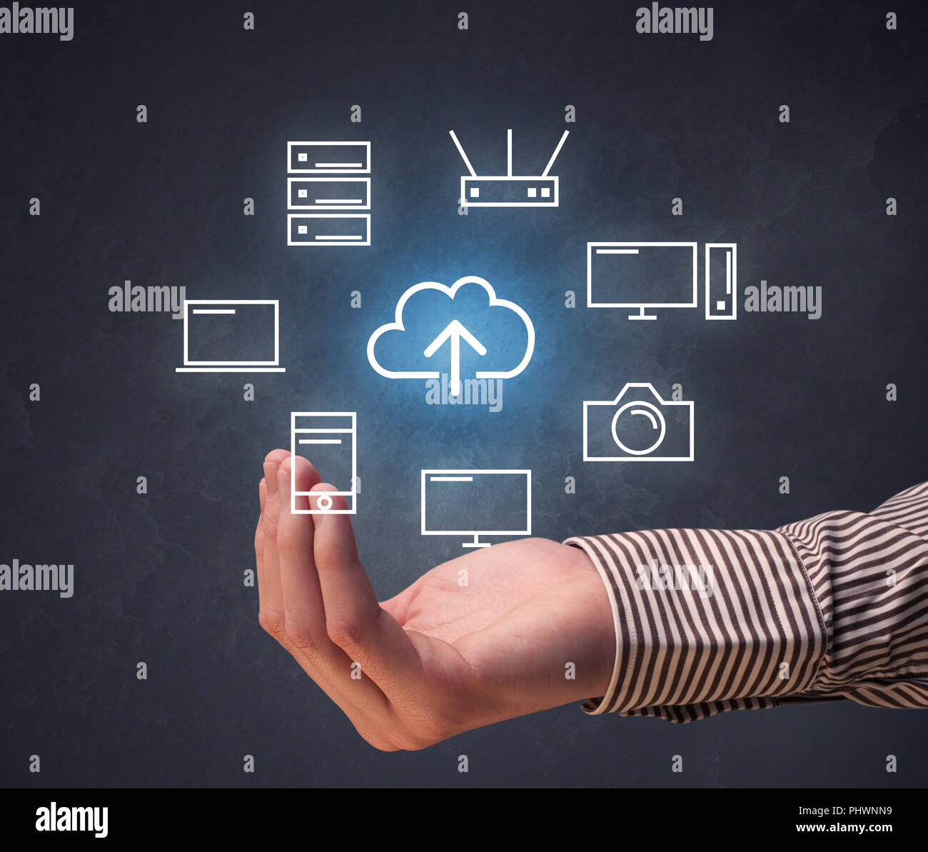 Cloud and computing related icons hovering over young hand Stock Photo ...