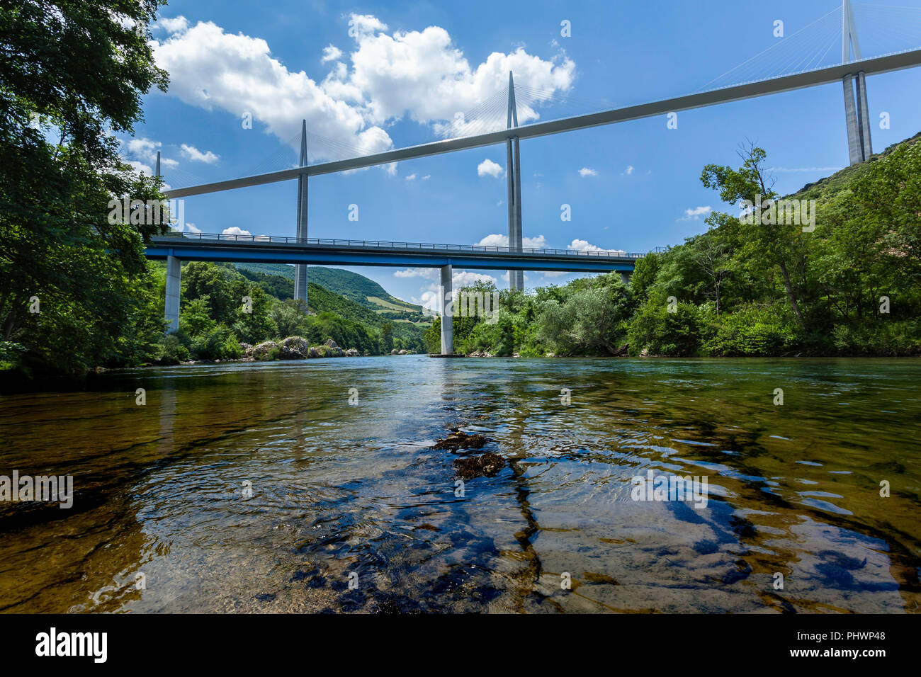 The Millau Viaduct cable stay bridge across the Tarn river valley ...