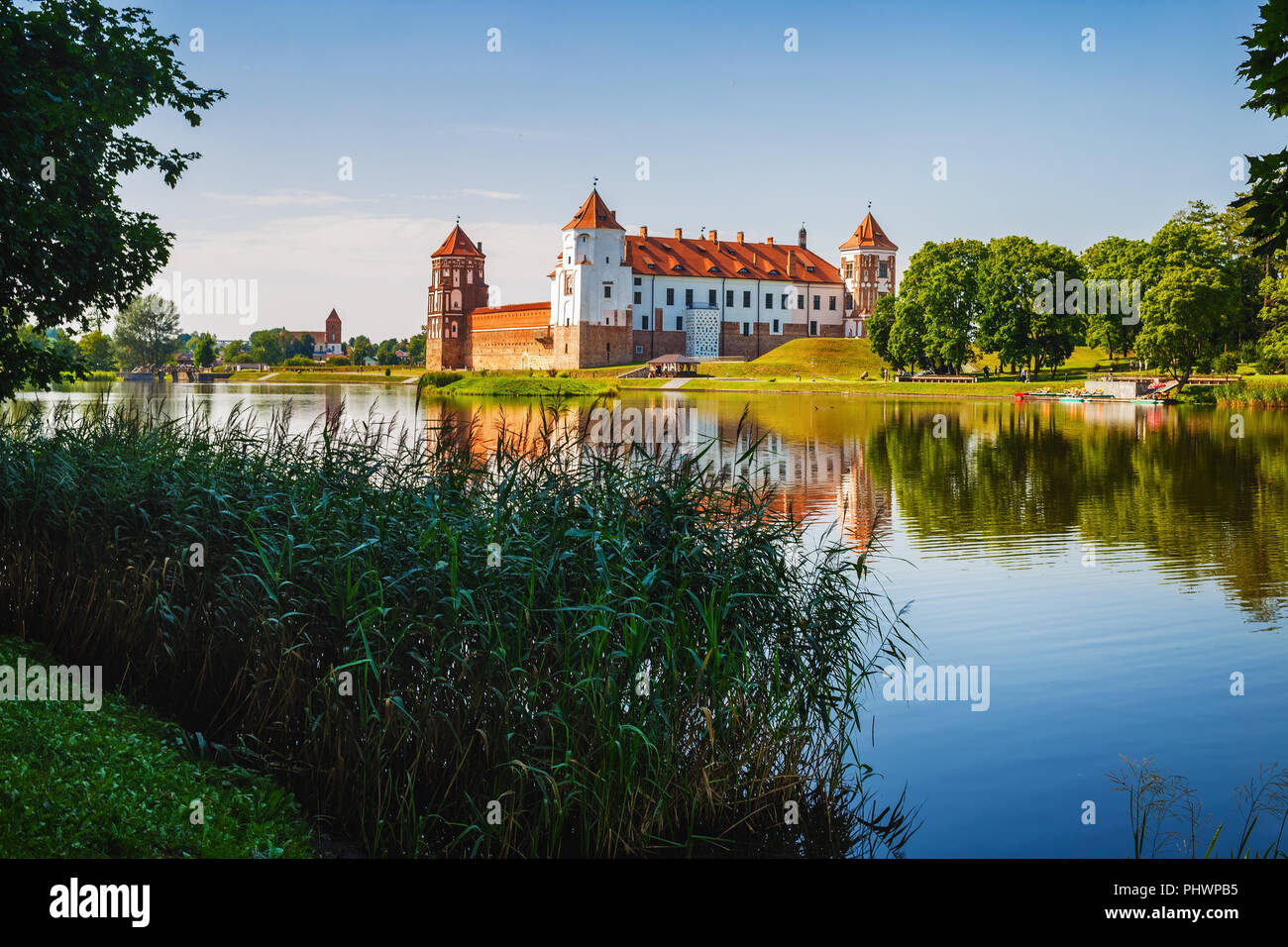 Mir, Belarus - August 11, 2017: Ancient medieval castle on the shore of ...