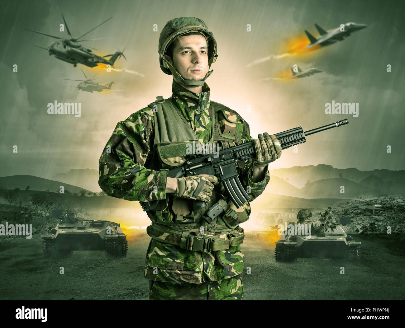 Armed soldier with sniper in the middle of a war Stock Photo - Alamy