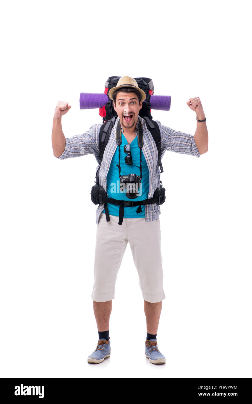 Backpacker with camera isolated on white background Stock Photo - Alamy