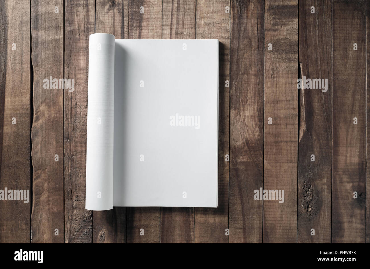 Blank magazine page or catalog on wooden table background. Flat lay ...