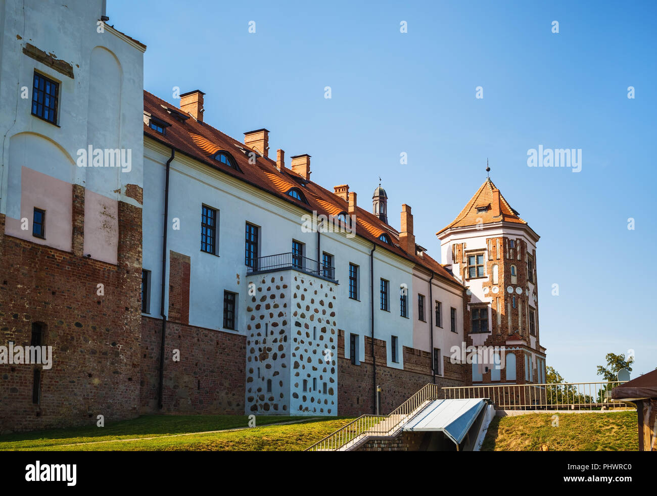 Mir, Belarus - August 11, 2017: Tower and wall of ancient medieval ...