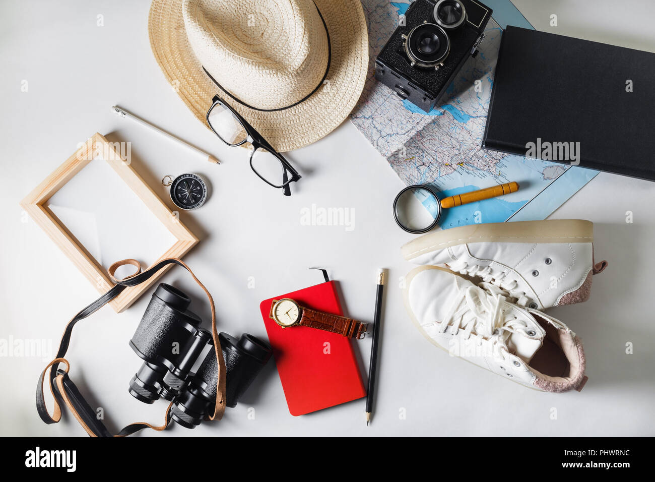 Travel plan background. Vacation items and outfit of traveler. Flat lay ...