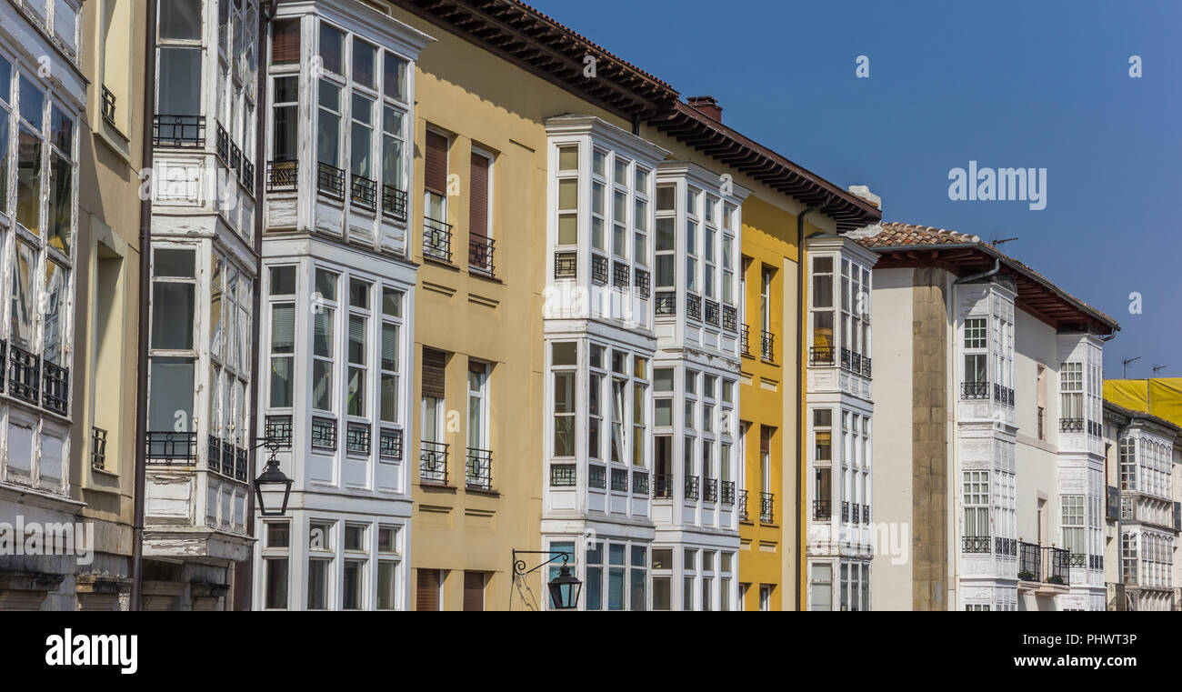 Panorama of traditional bay windows in Basque capital Vitoria-Gasteiz ...