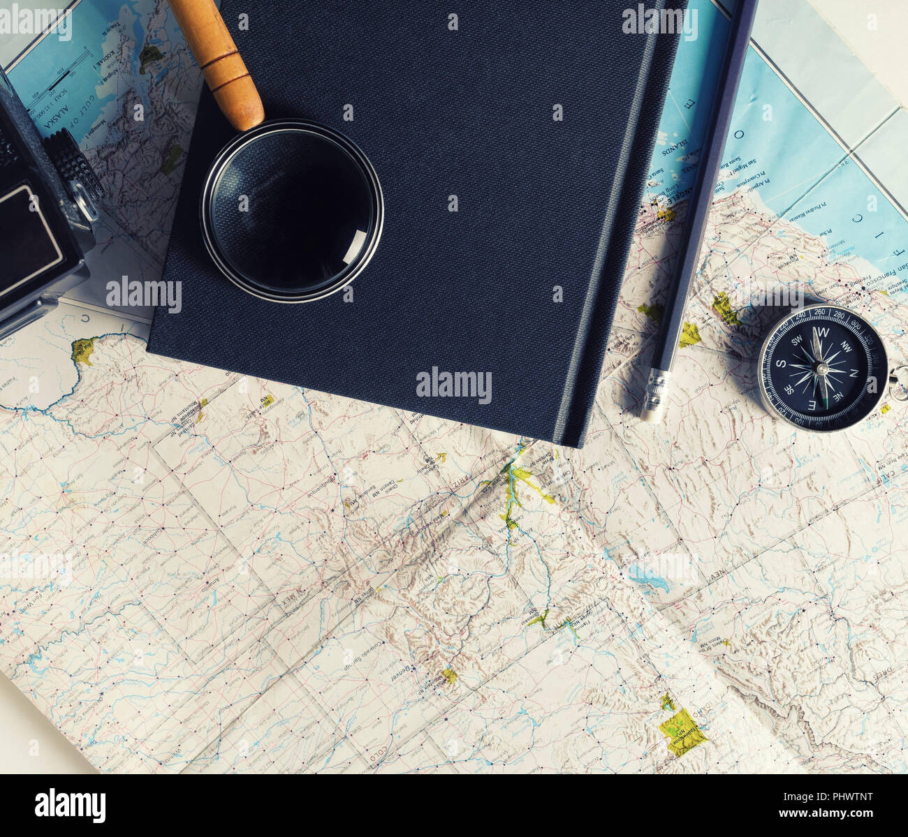 Travel planning concept. Vintage toned image. Flat lay Stock Photo - Alamy