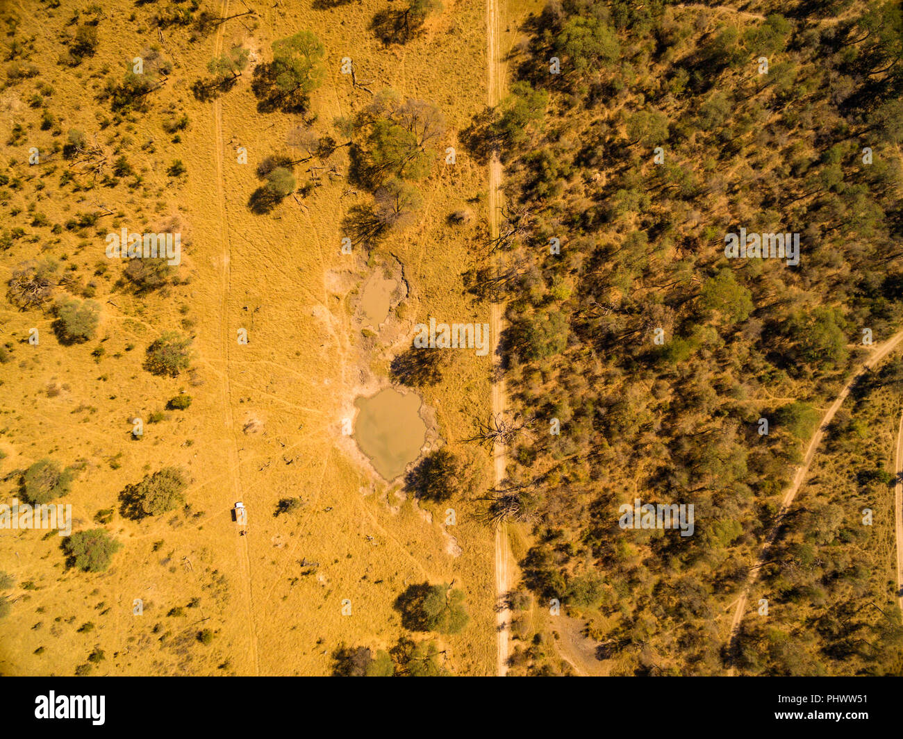 An aerial view of a waterhole in Zimbabwe's Hwange National Park Stock ...