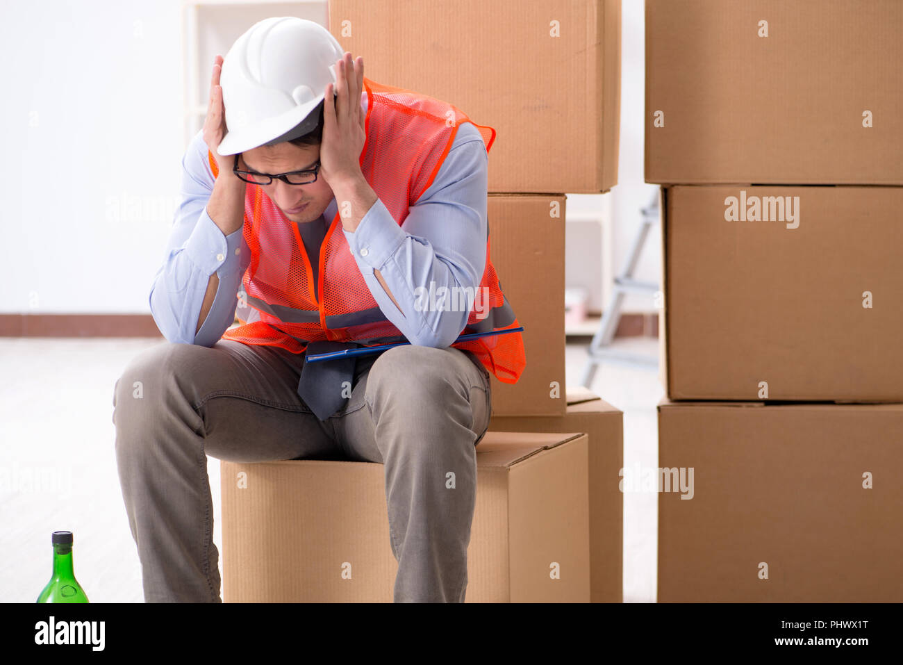 Delivery man drunk at work Stock Photo - Alamy