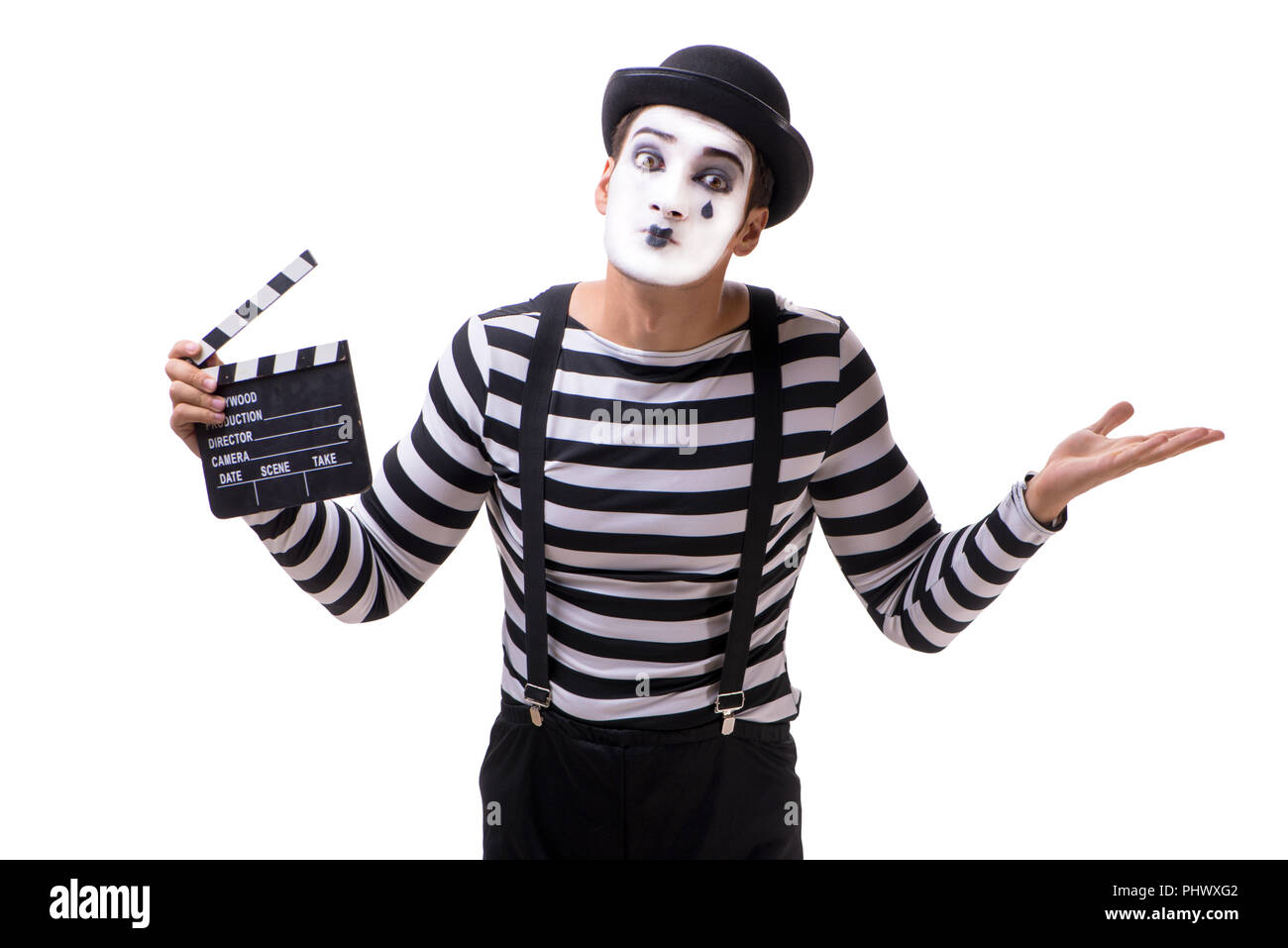 Mime with movie clapperboard isolated on white Stock Photo - Alamy