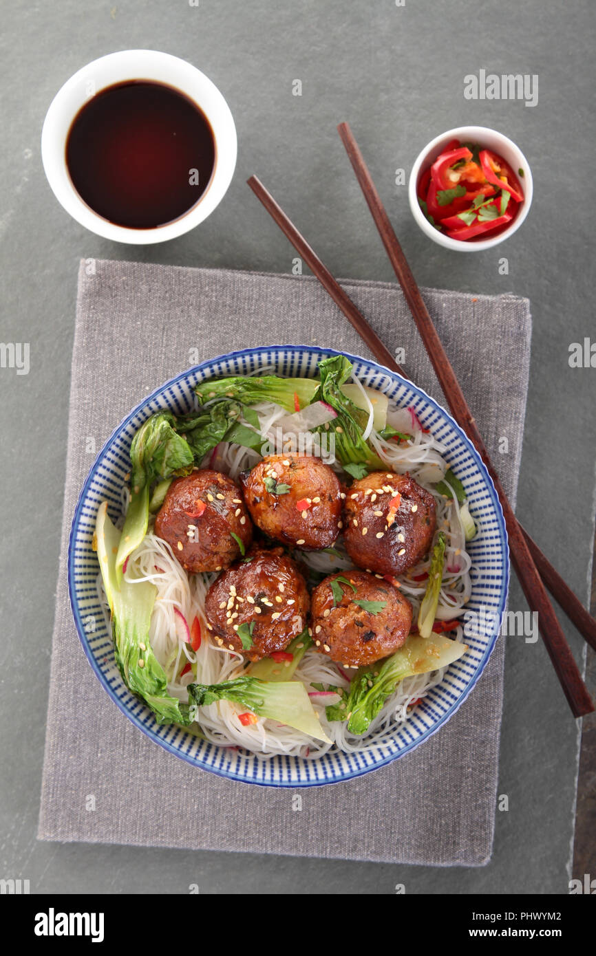traditional chinese yuksum balls with noodles Stock Photo - Alamy
