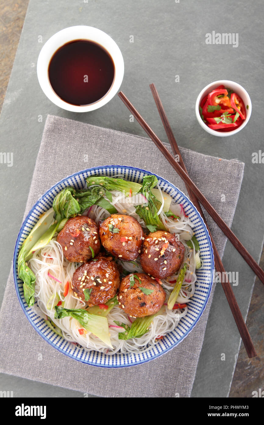 traditional chinese yuksum balls with noodles Stock Photo - Alamy