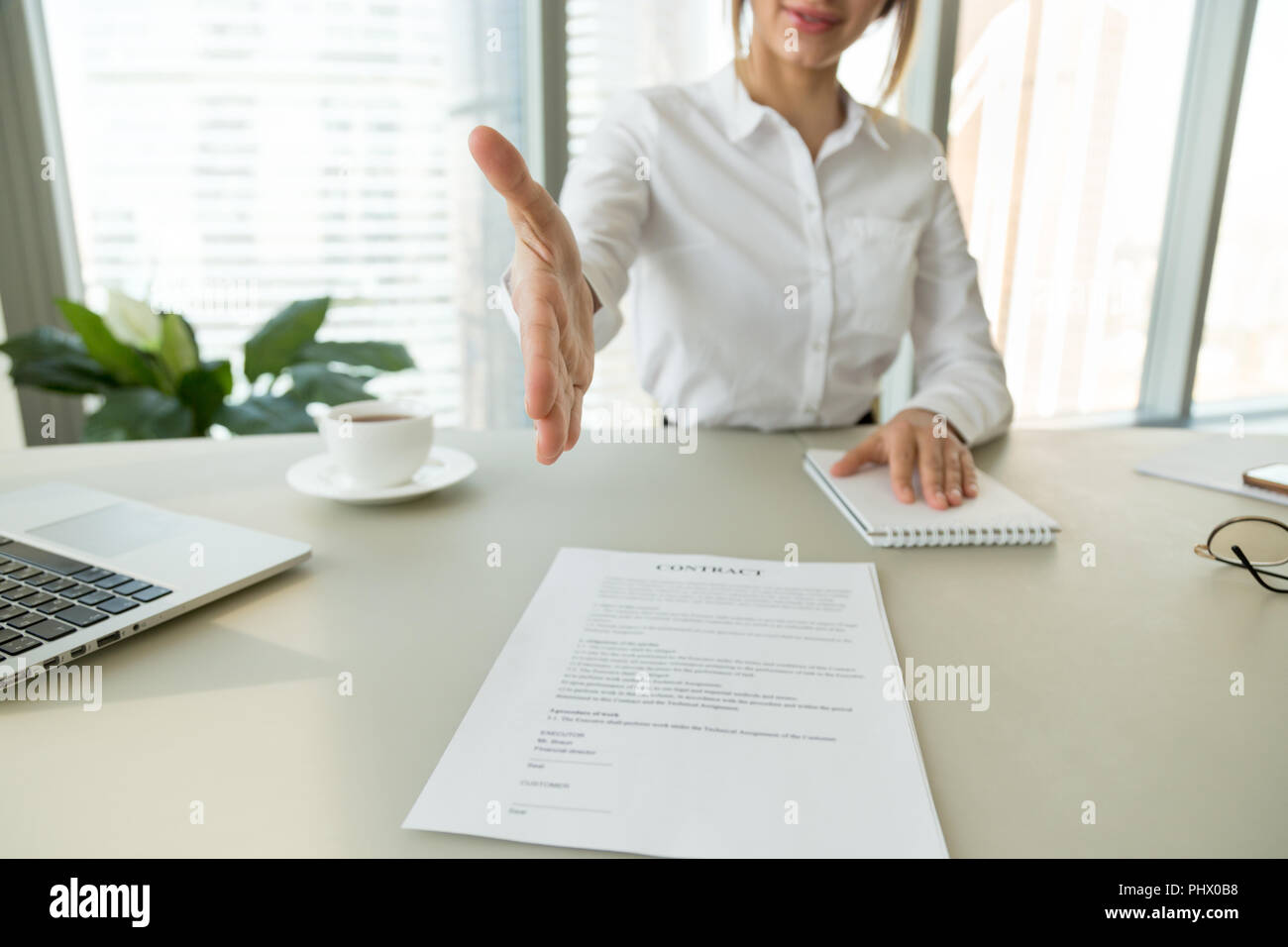 Businesswoman employer extending hand for handshake offering sig Stock ...