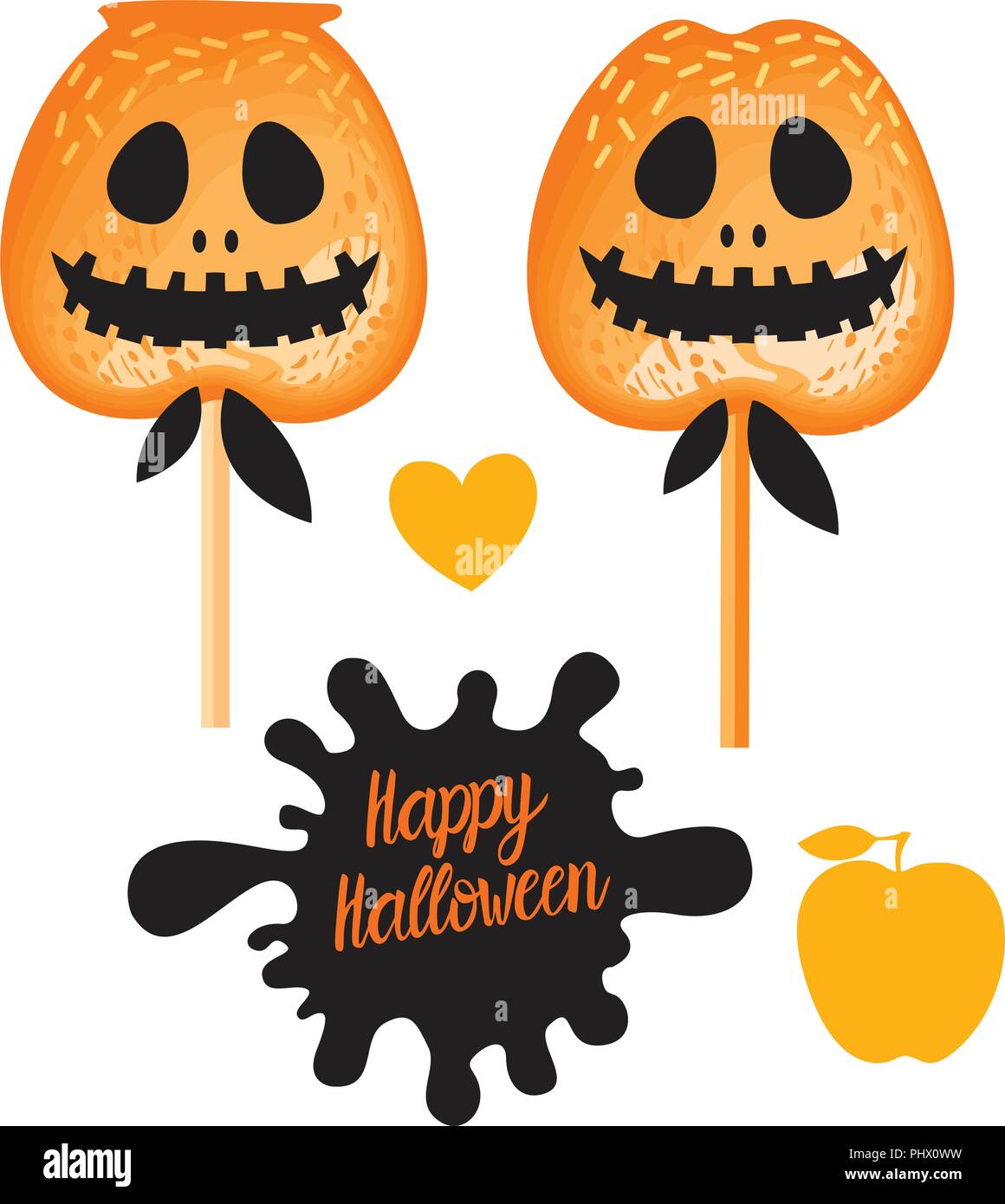 Apple with caramel Sweet candy on sticks. Happy Halloween dessert ...