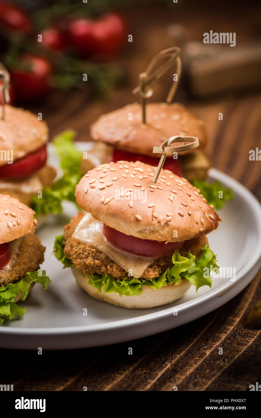 Mini chicken burgers, pub bar food Stock Photo - Alamy