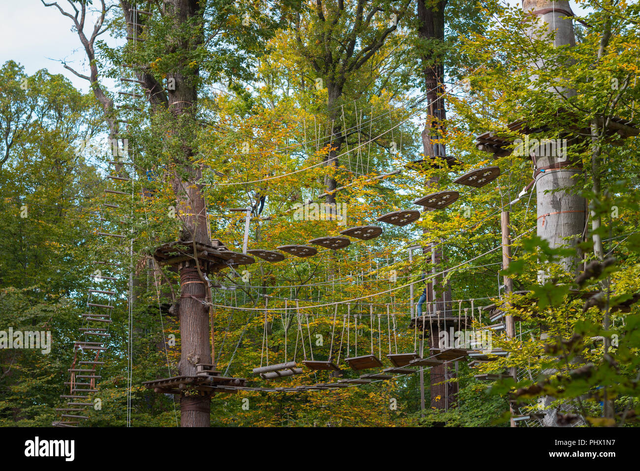 Rope bridge at adventure climbing park with natural background Stock ...