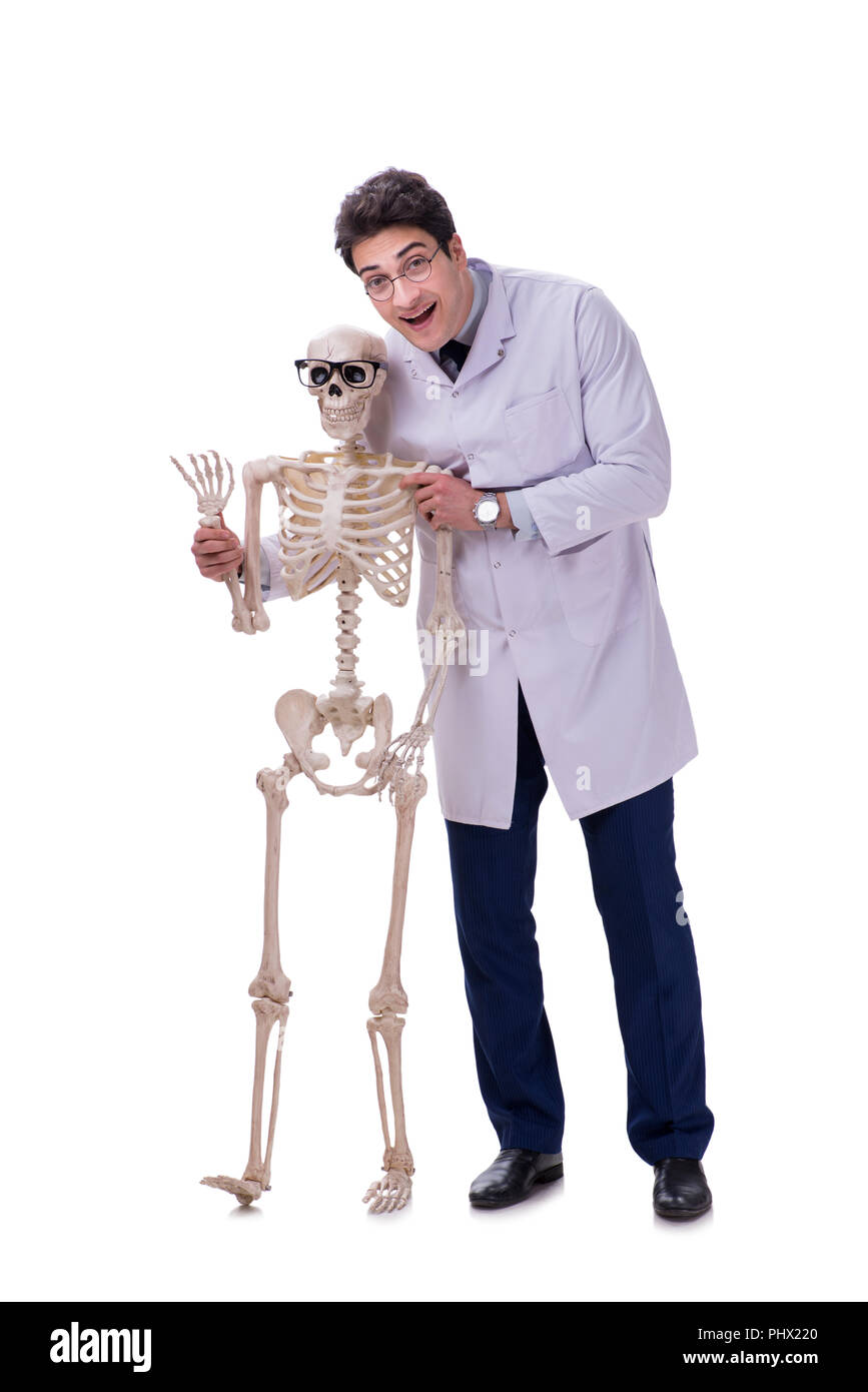 Young doctor with skeleton isolated on white Stock Photo - Alamy