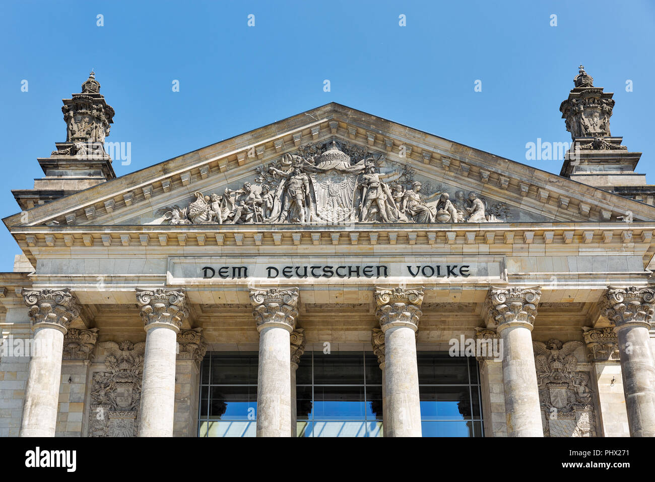 Closeup view of famous Reichstag building central facade, seat of the ...