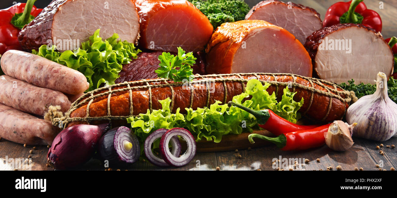 Variety of meat products including ham and sausages Stock Photo - Alamy