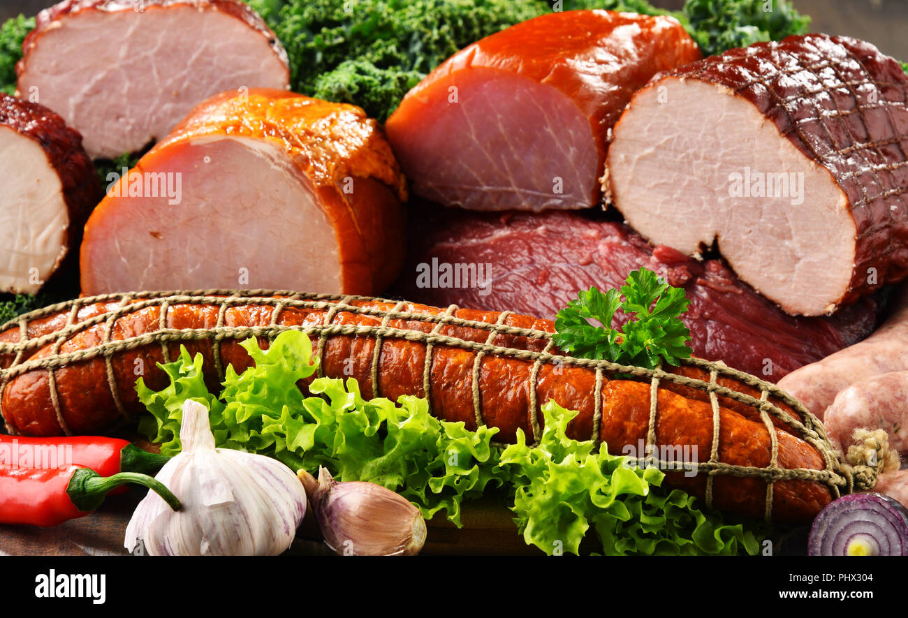Variety of meat products including ham and sausages Stock Photo - Alamy