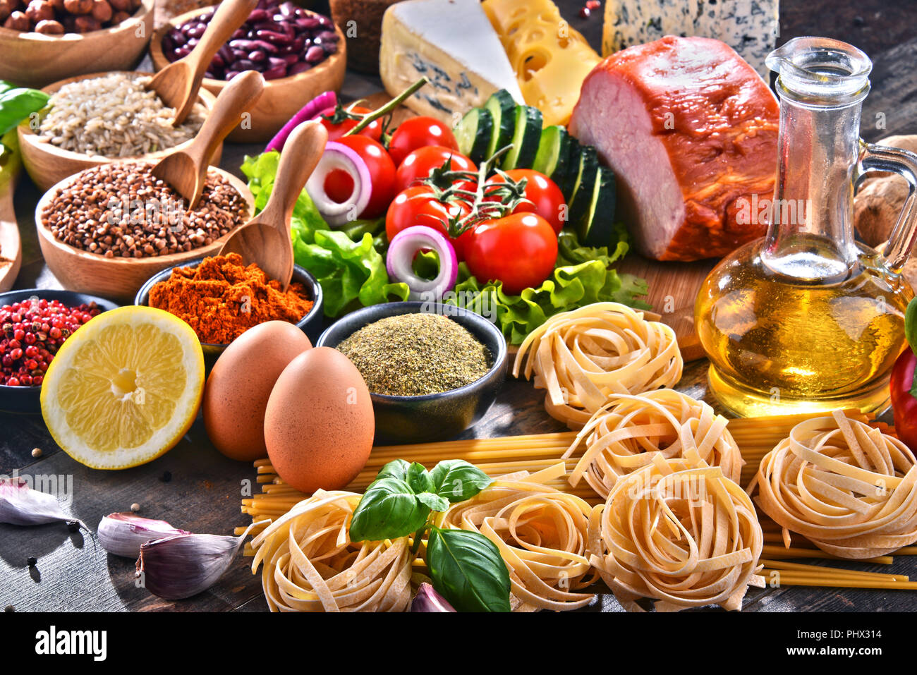 Composition with assorted organic food products on the table Stock ...