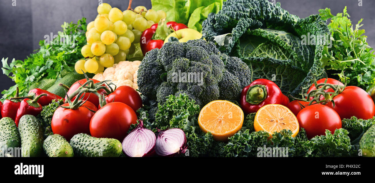Composition with variety of raw organic vegetables and fruits Stock ...