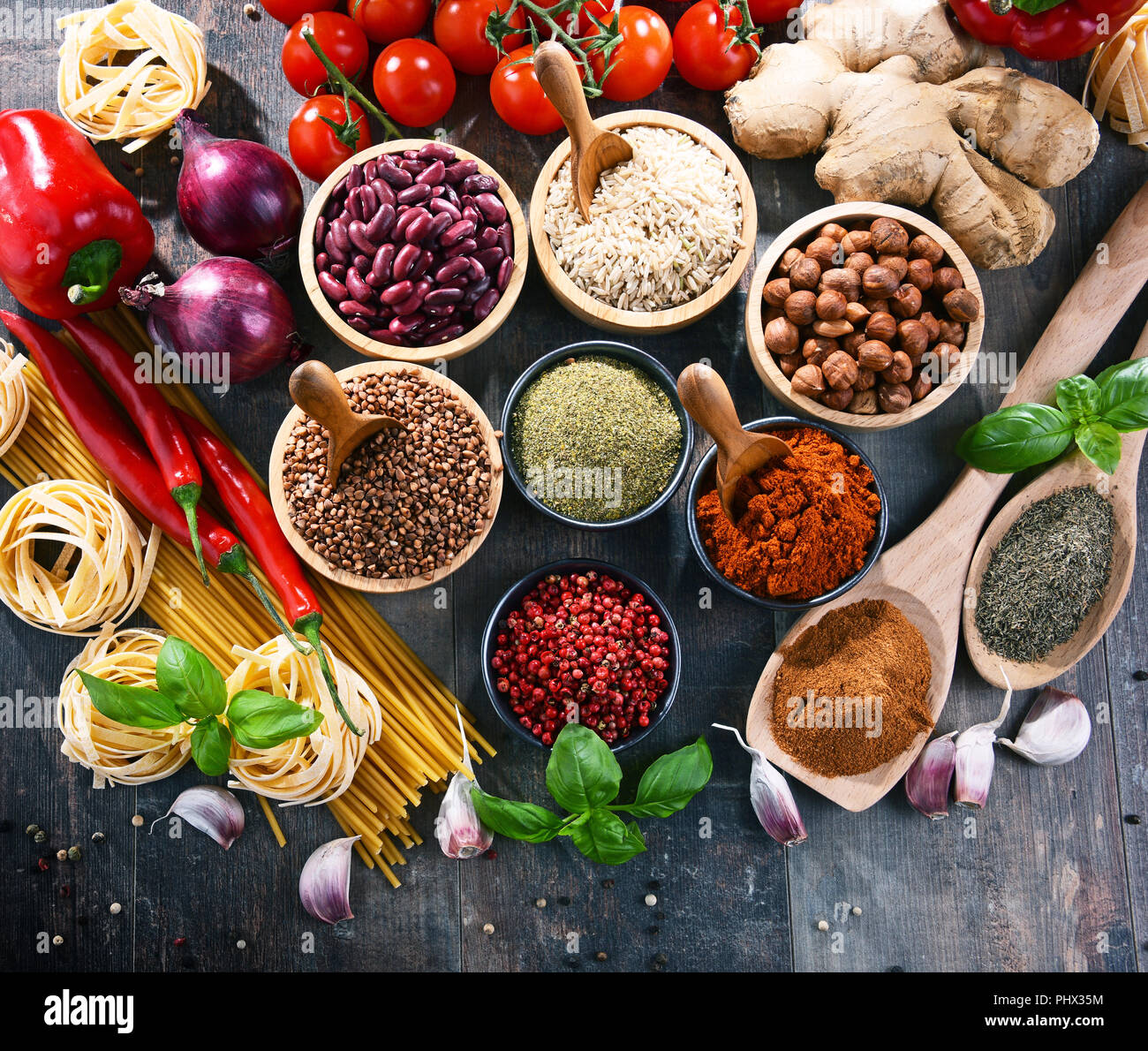 Composition with assorted organic food products on the table Stock ...