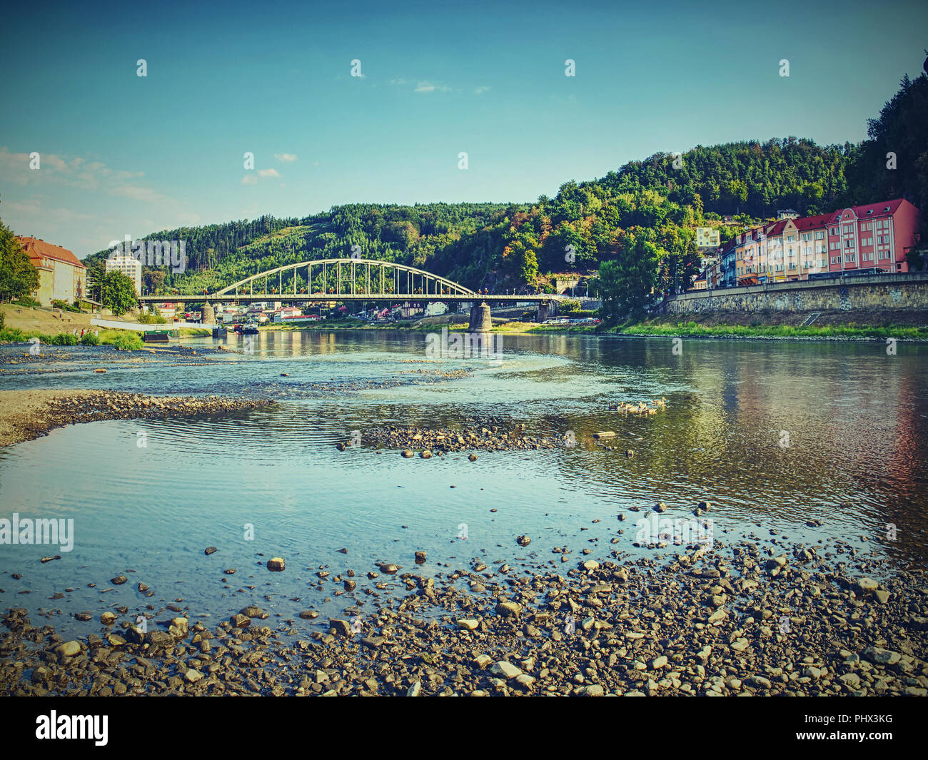 Empty river. Drying out of big river. Horrible smell of poisoned muddy ...