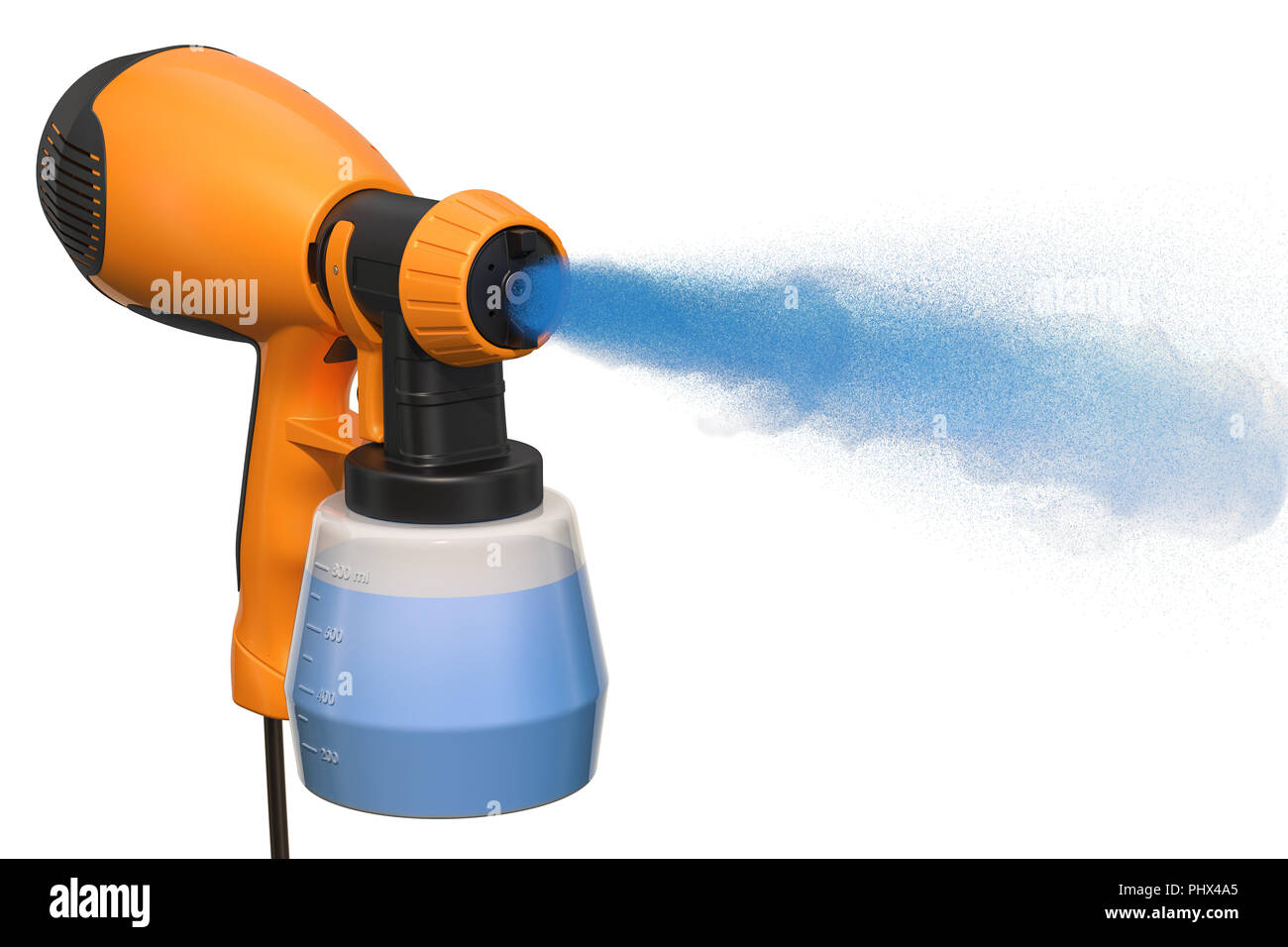 Electric paint spray gun working, 3D rendering isolated on white ...