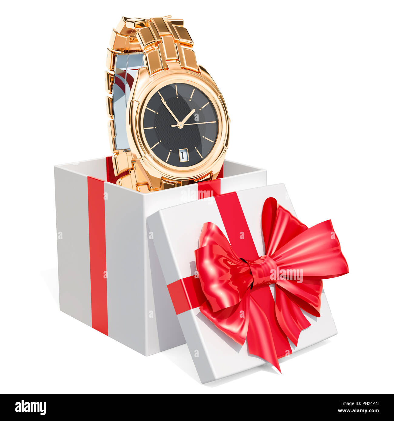 Gift concept, golden men's wrist watch inside gift box. 3D rendering isolated on white ...