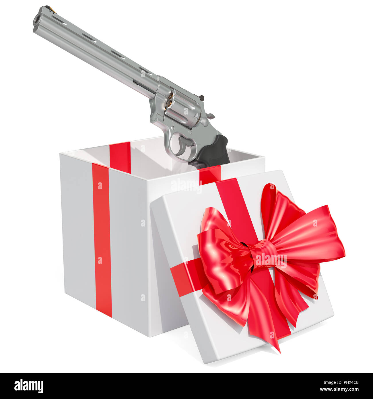 Gift concept, revolver inside gift box. 3D rendering isolated on white ...