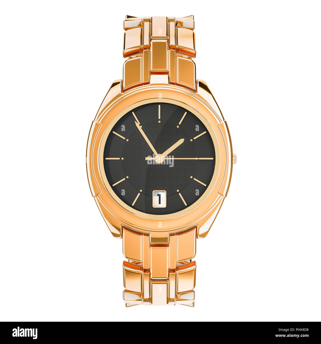 Golden men's wrist watch, front view. 3D rendering isolated on white ...