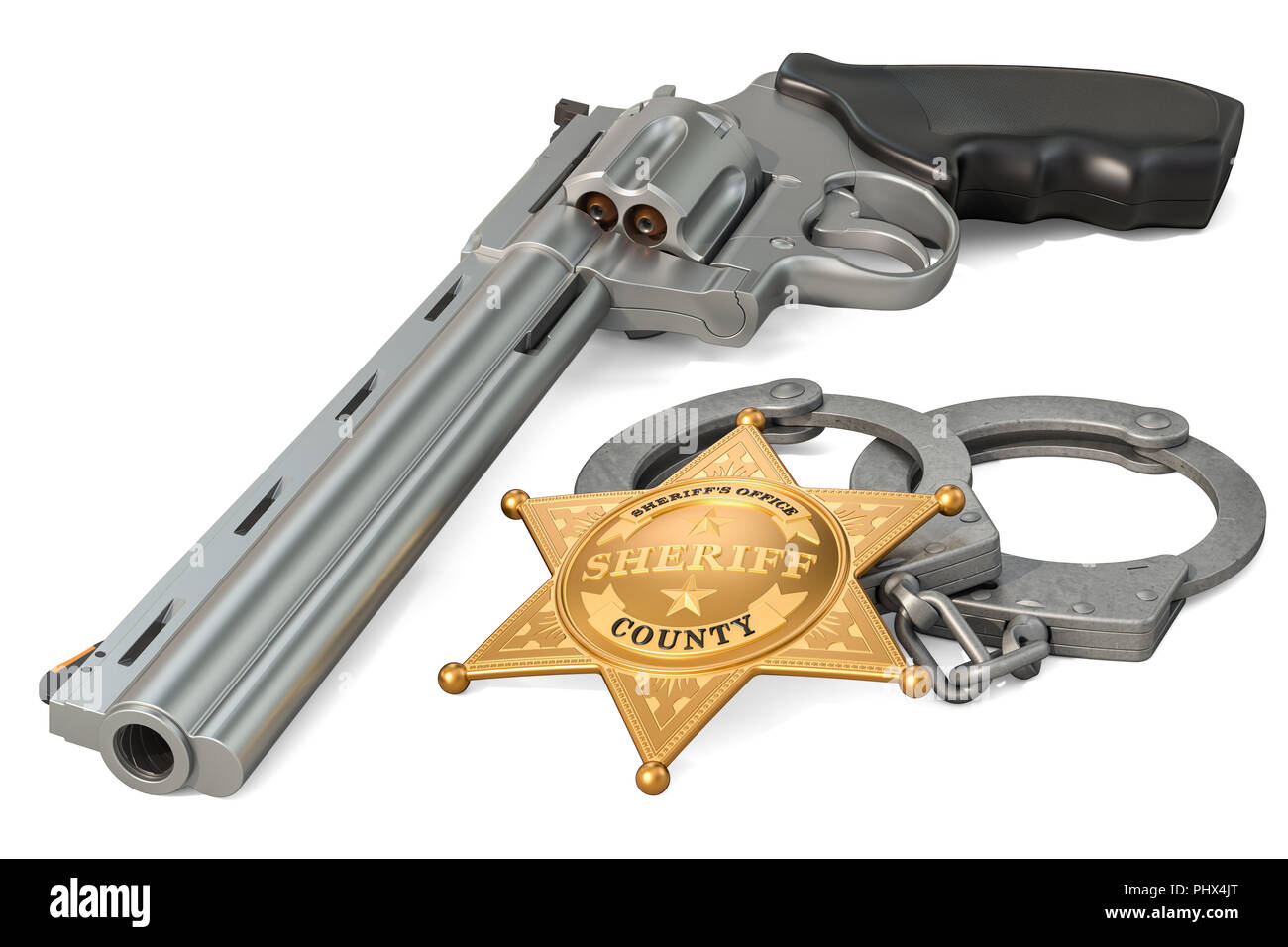 Sheriff star badge, revolver and handcuffs. 3D rendering isolated on ...