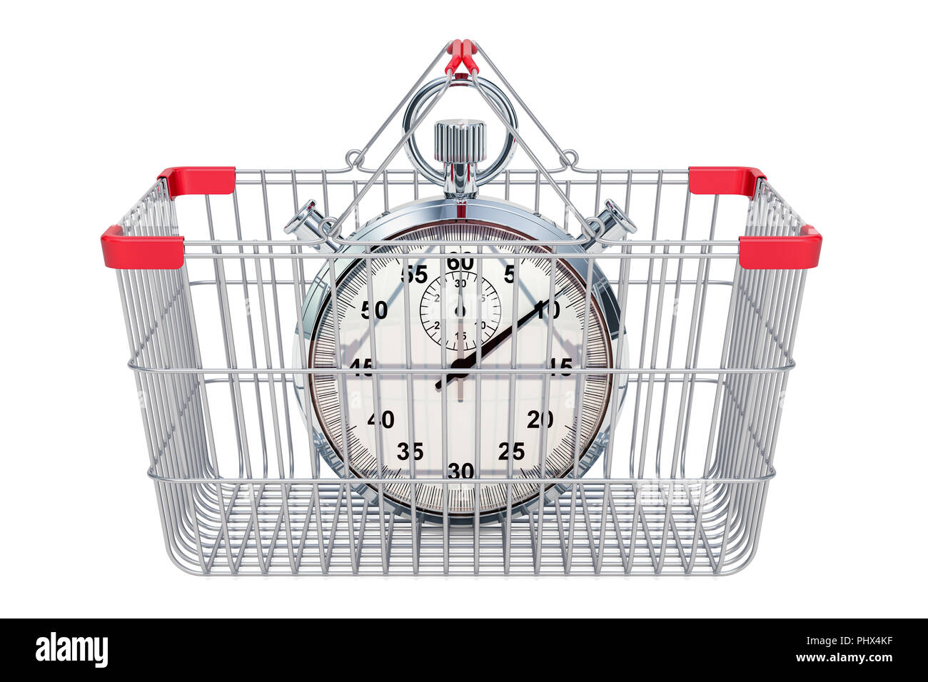 Shopping basket with stopwatch. Shopping time concept, 3d rendering ...