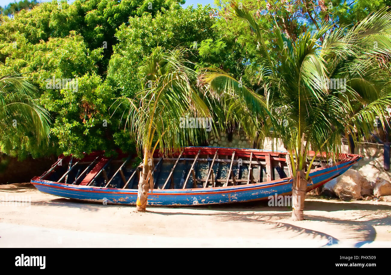 An old wooden rowboat under palm trees on a tropical beach Stock Photo ...