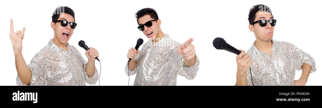 Man with mic isolated on white Stock Photo - Alamy