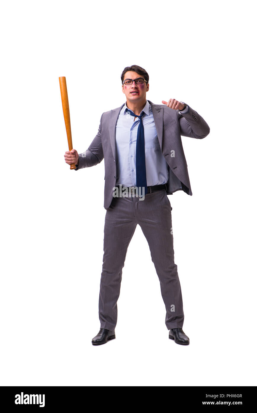 Businessman with baseball bat isolated on white Stock Photo - Alamy