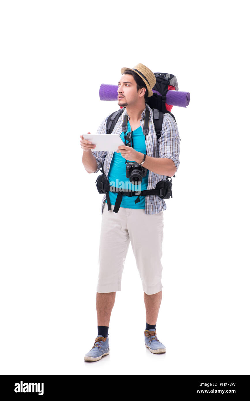 Man lost and looking for direction with map on white Stock Photo - Alamy