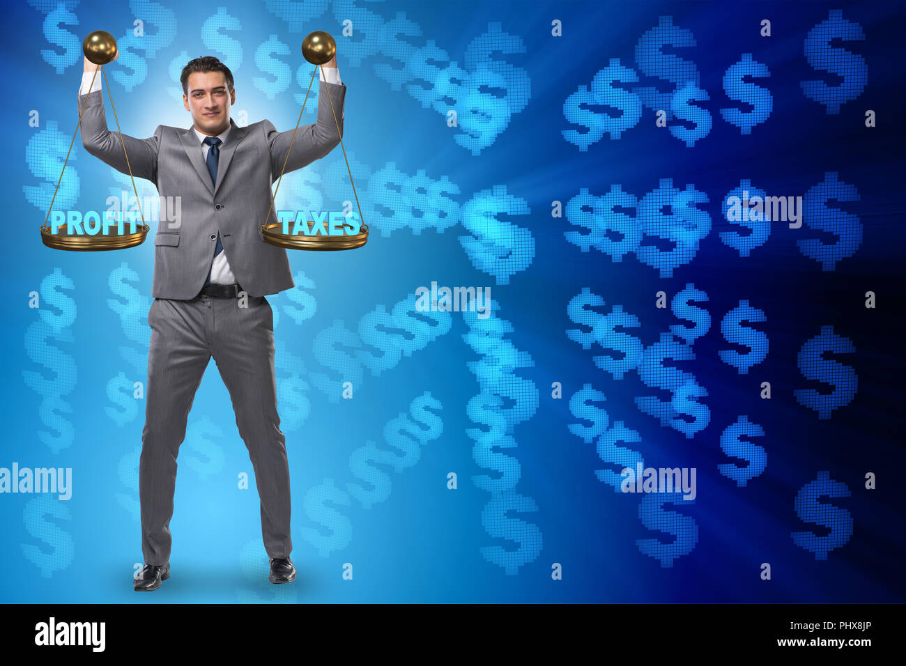 Businessman comparing profit and taxes Stock Photo - Alamy