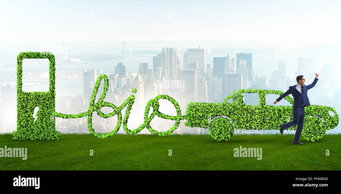 Businessman with car powered with biofuel Stock Photo - Alamy