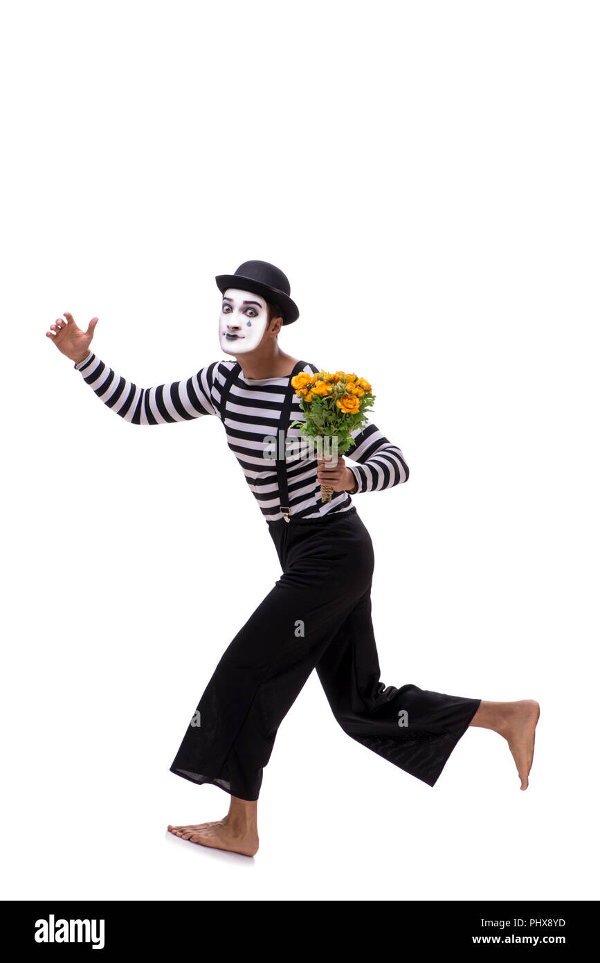 Mime with bunch of flowers isolated on white Stock Photo - Alamy