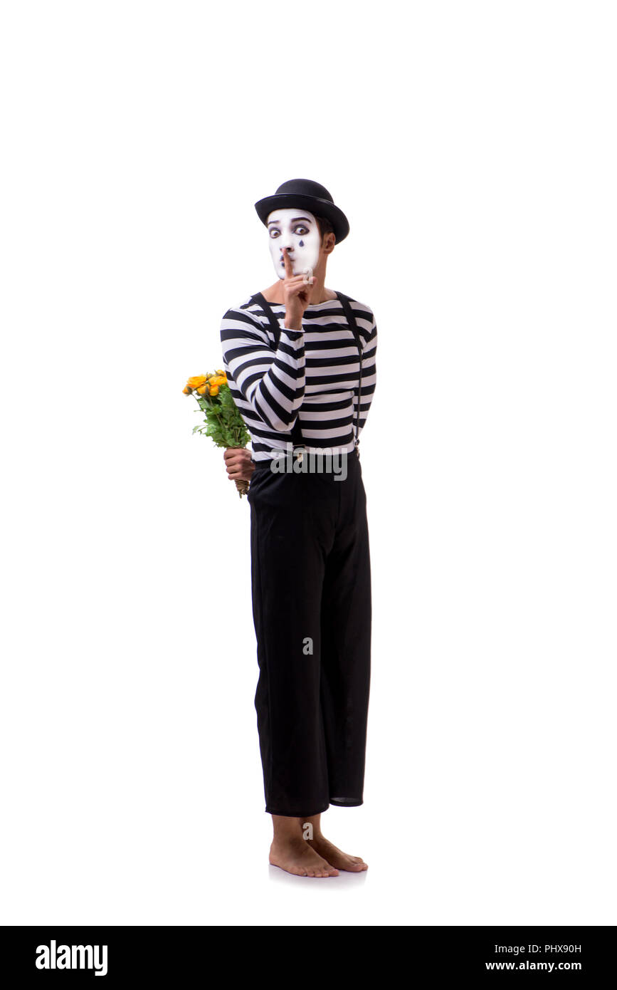 Mime with bunch of flowers isolated on white Stock Photo - Alamy