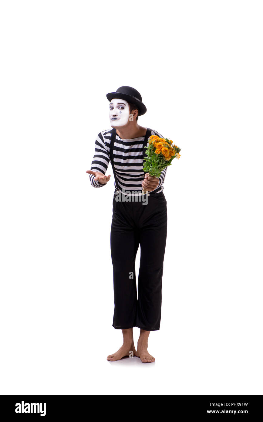 Mime with bunch of flowers isolated on white Stock Photo - Alamy