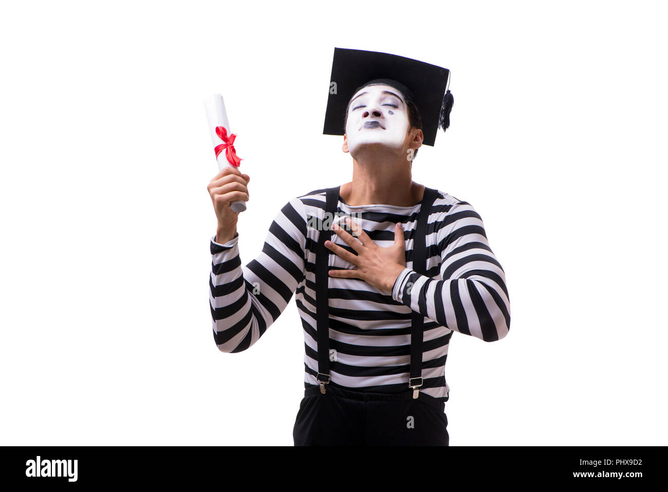 Mime with mortarboard isolated on white background Stock Photo - Alamy