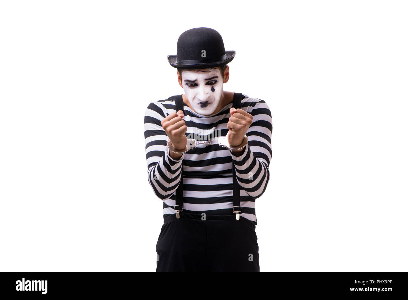 Mime with handcuffs isolated on white background Stock Photo - Alamy