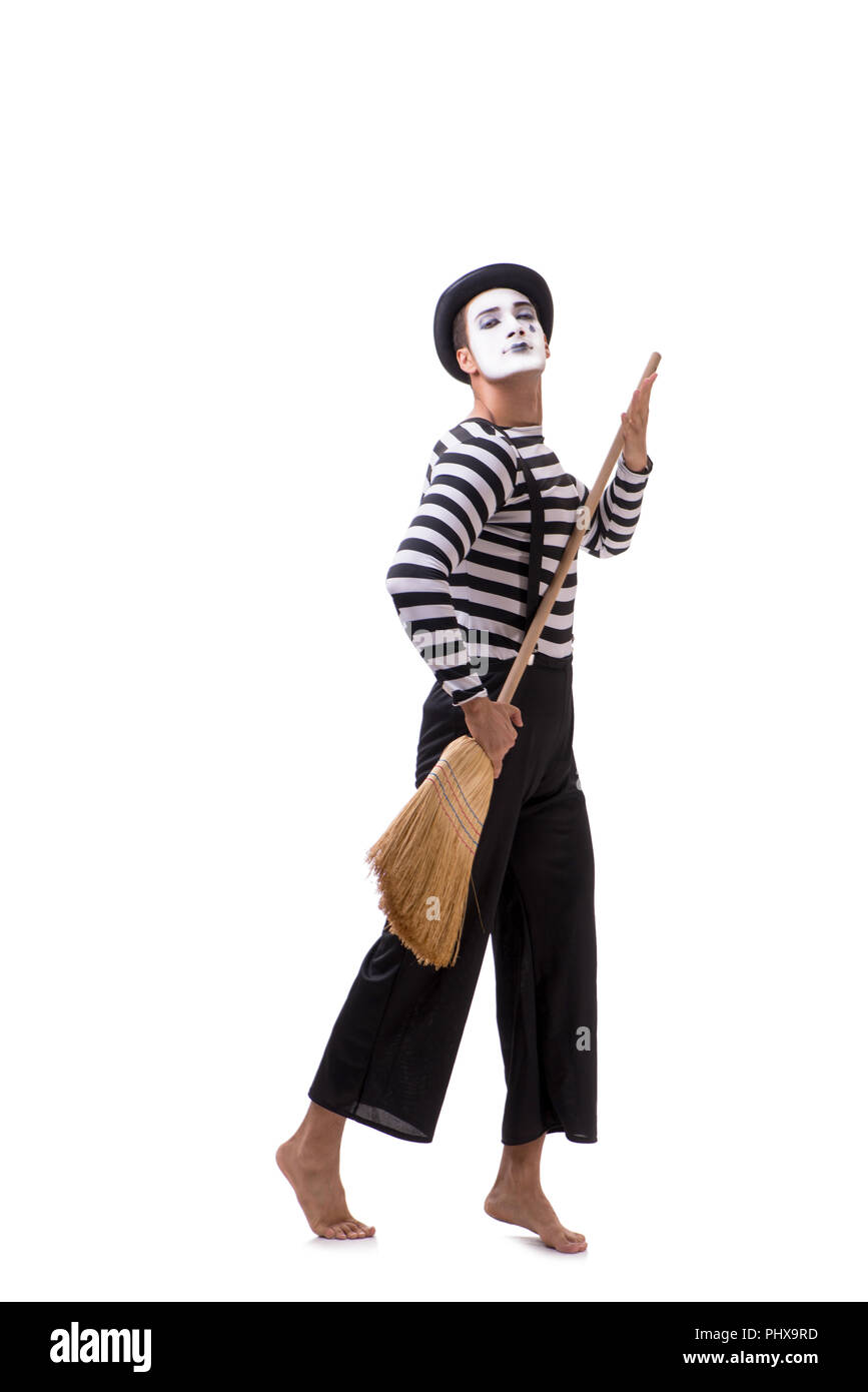 Mime with broom isolated on white background Stock Photo - Alamy