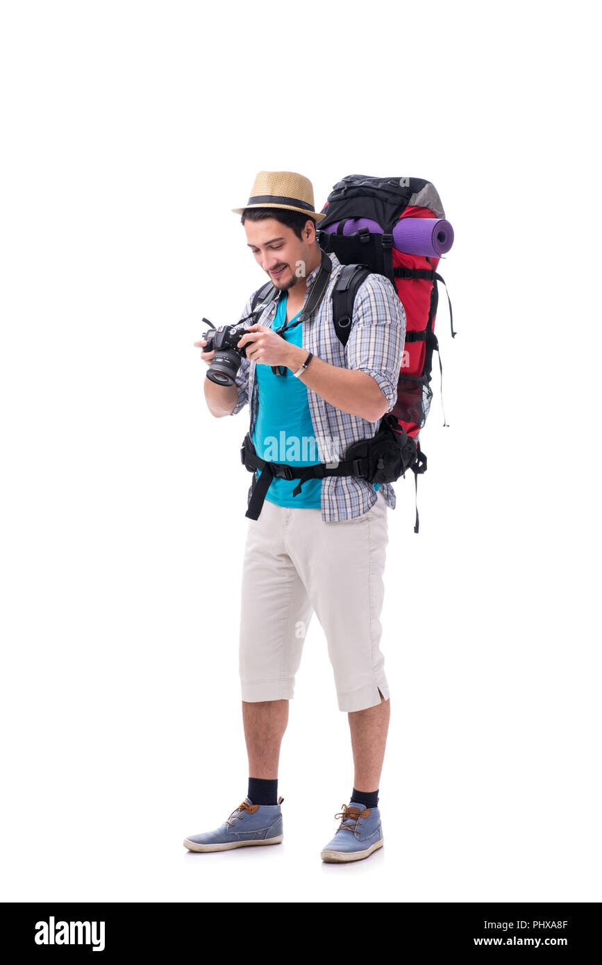 Backpacker with camera isolated on white background Stock Photo - Alamy